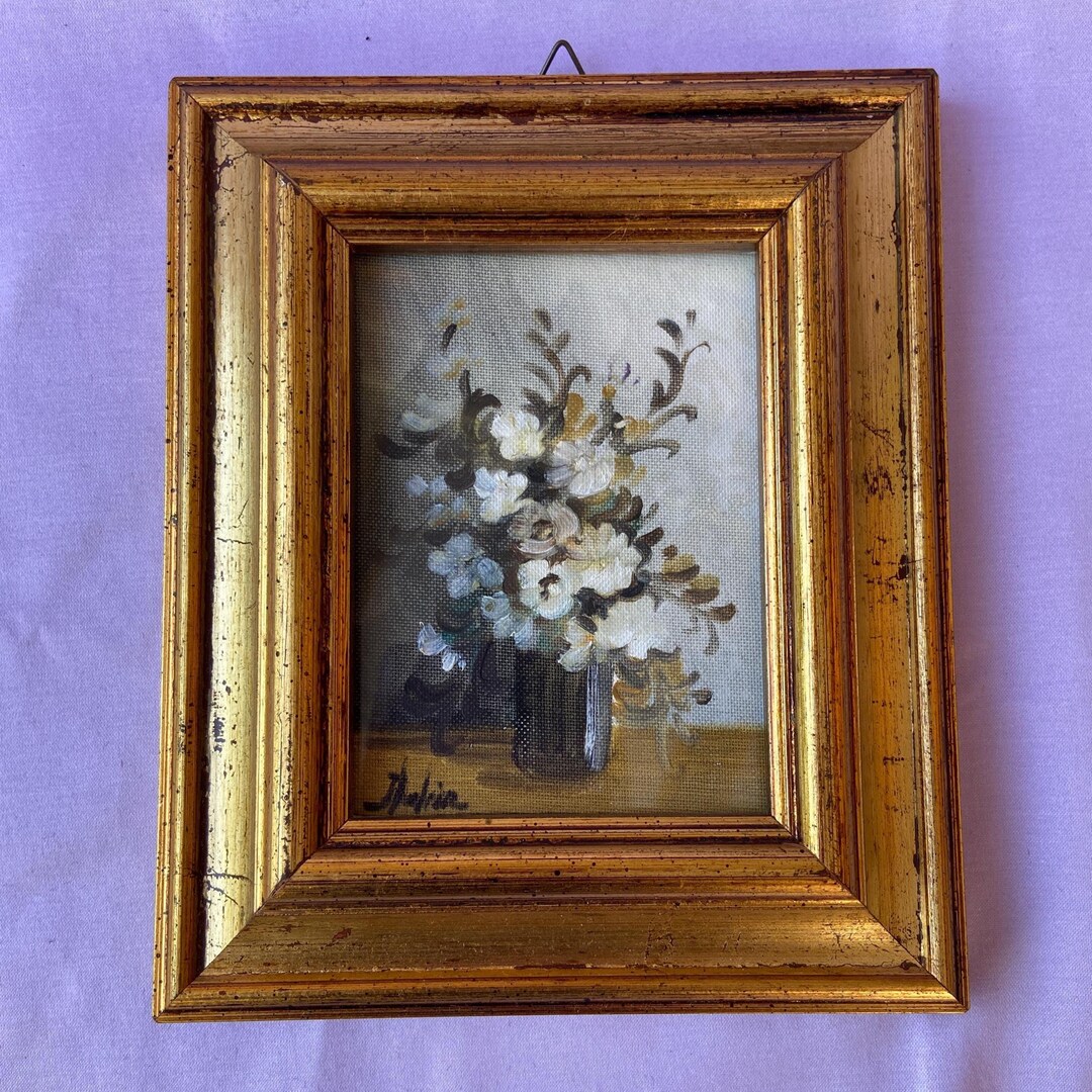 Vintage German Original Still Life Oil Painting, White Flowers, Gilded ...