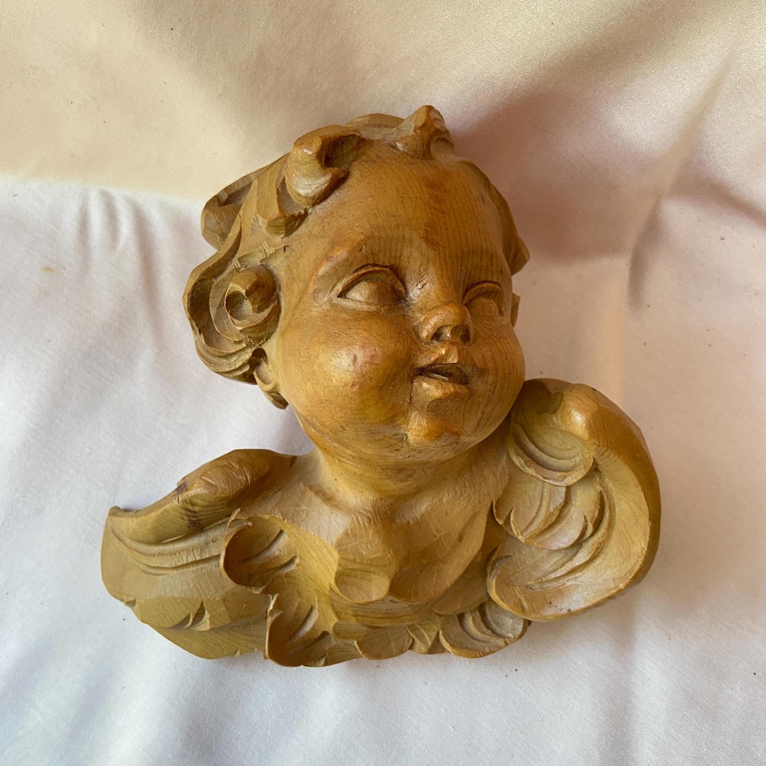 XL Vintage Italian Hand-carved Natural Wood Angel Head, Val Gardena, 17 ...