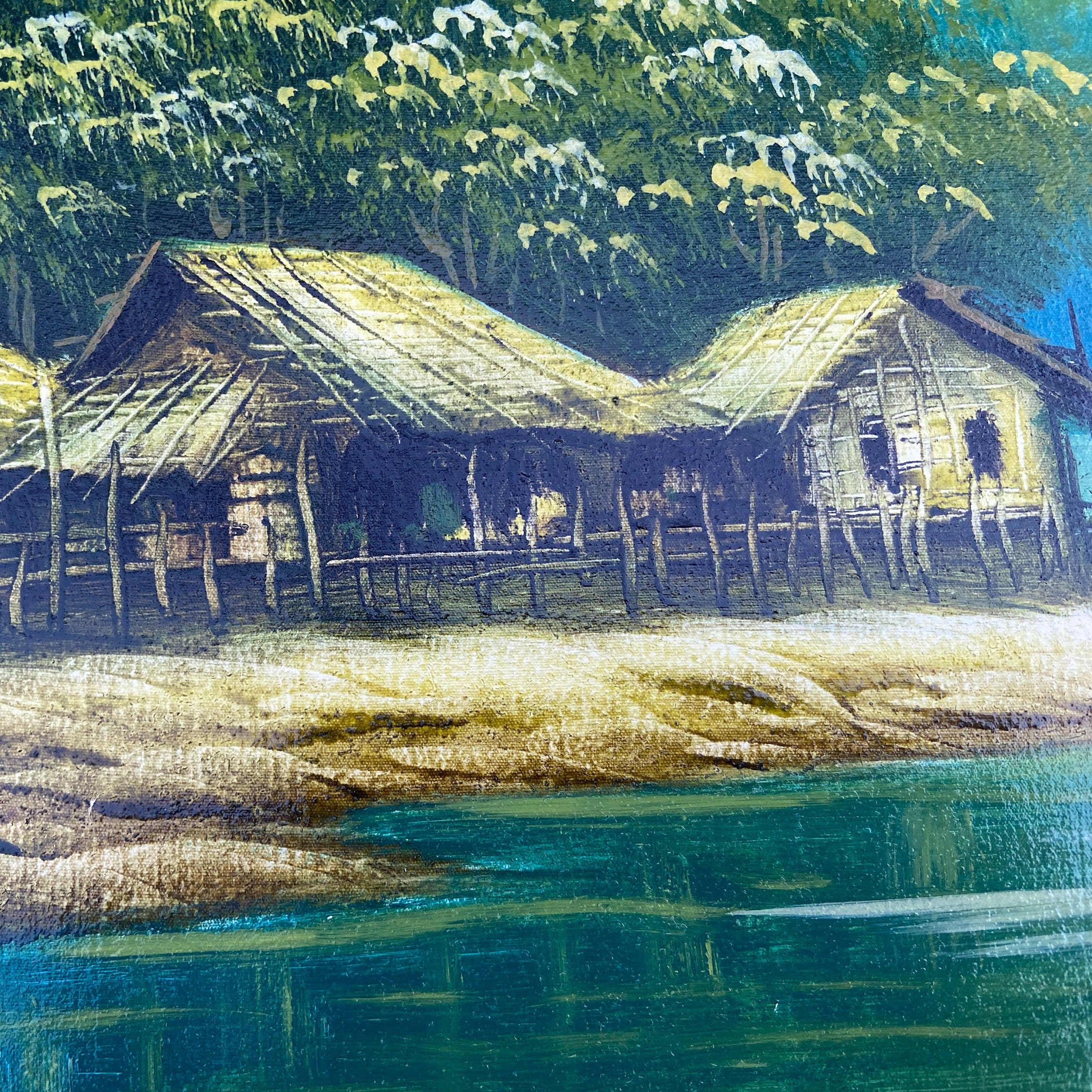 Vintage Original Painting Burmese Landscape With Lake, Fishing Boat and ...