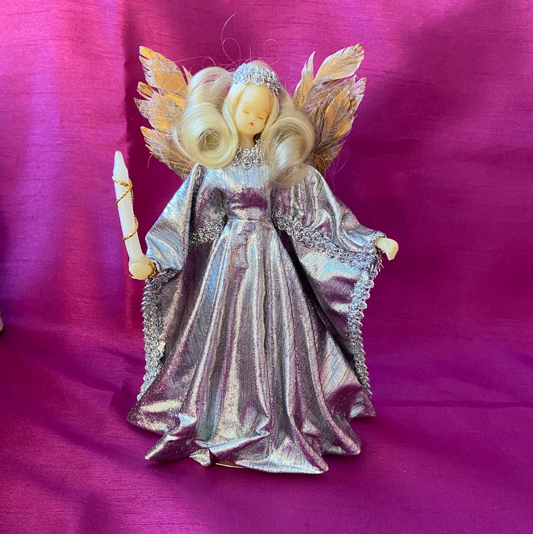 Vintage German Wax Angel Tree Topper by ECKART, Real Feather Wings, 22 ...
