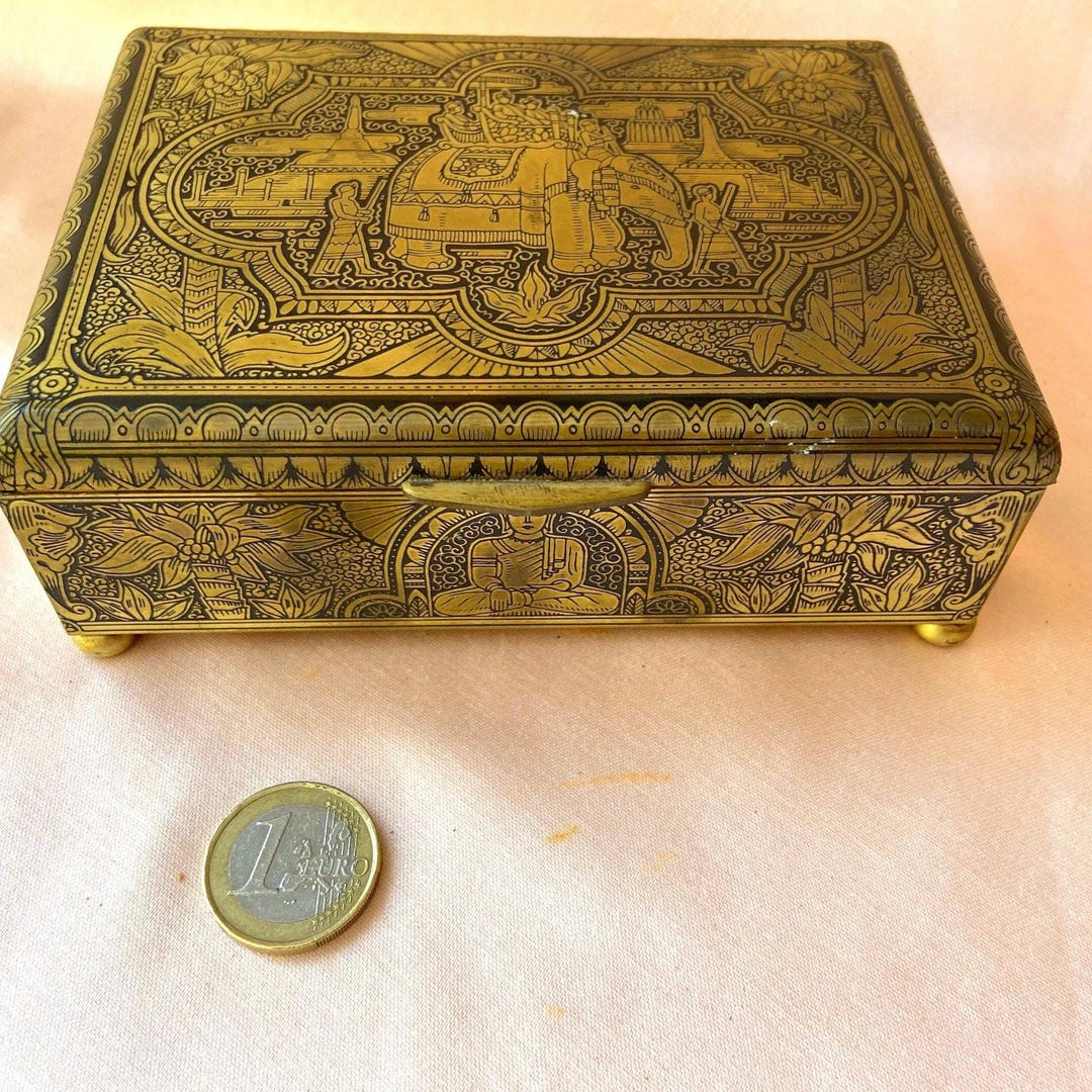 Mid Century Brass and Wood Trinket Box, Indian Cigar Box With Intricate ...