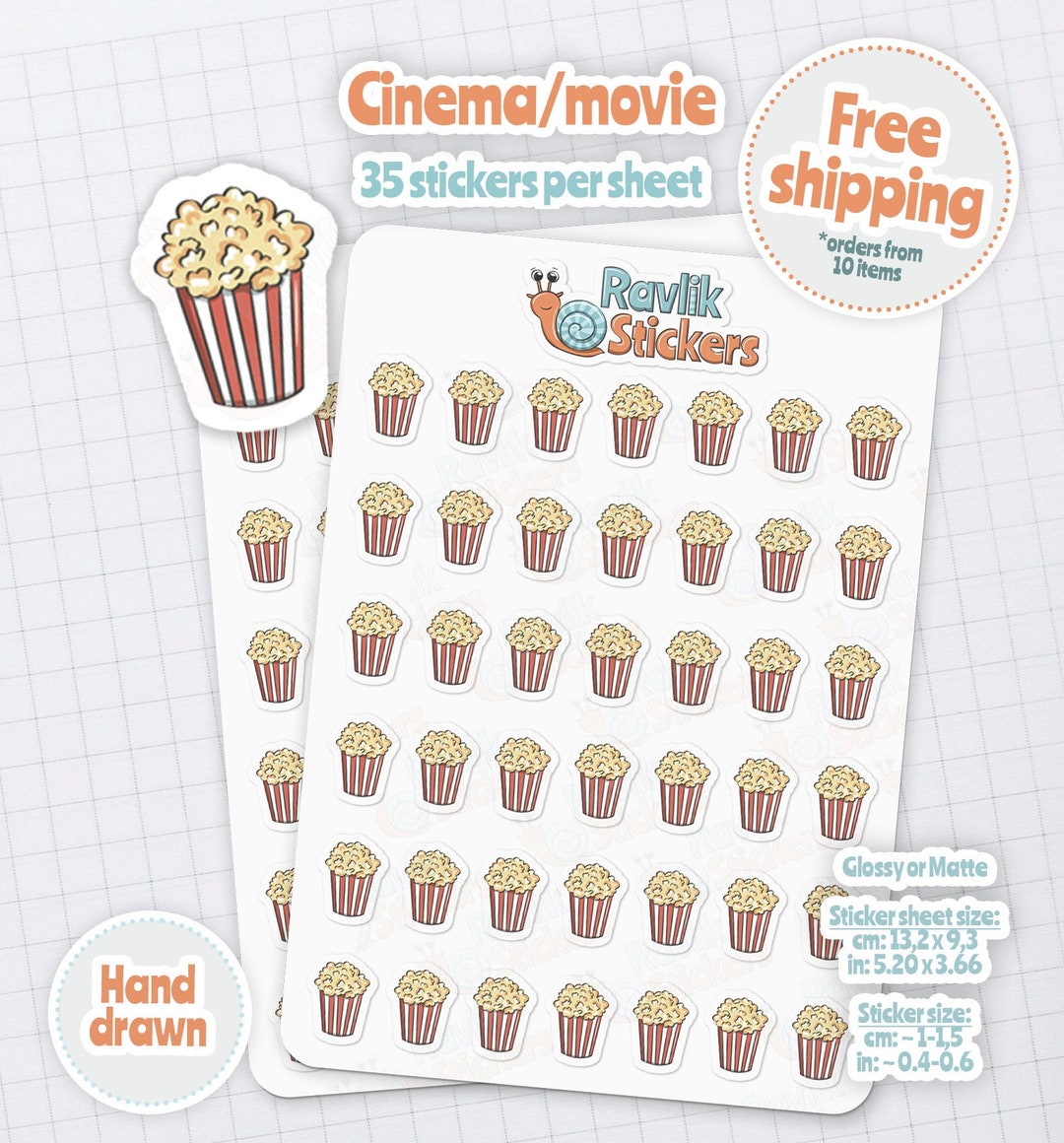 Planner Sticker Sheet: Cinema Movie Night Popcorn Bucket, Printed Hand ...
