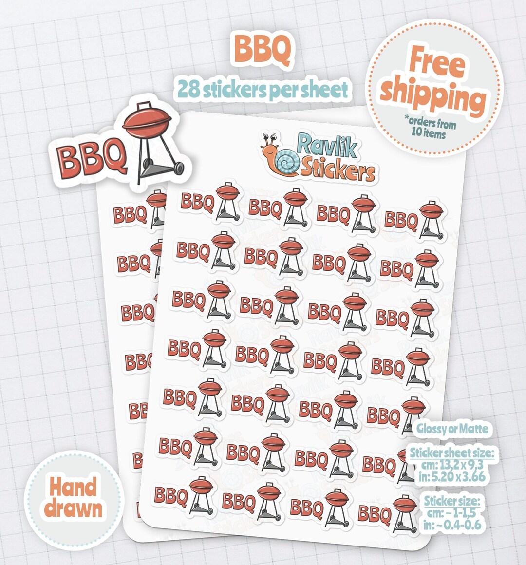 Planner Sticker Sheet: Barbecue BBQ Grill Picnic Printed Hand Drawn ...