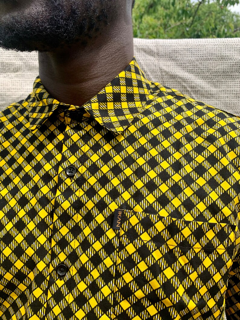 Men's Slim Fit Black + Yellow Check Pattern Wax Print Short Sleeve ...
