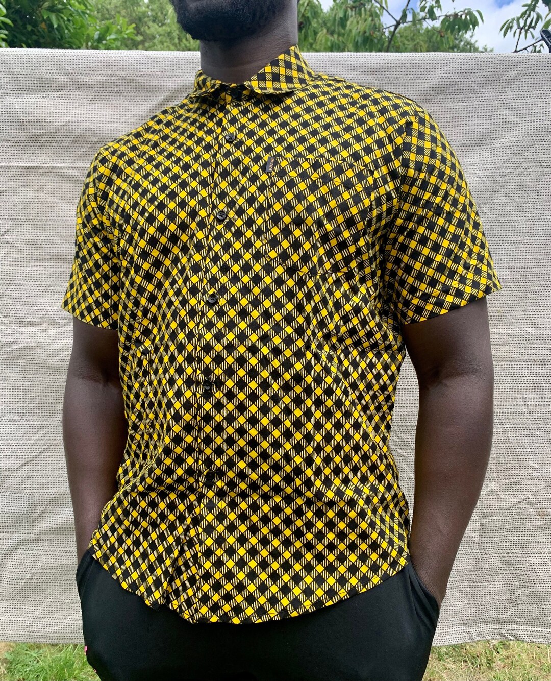 Men's Slim Fit Black + Yellow Check Pattern Wax Print Short Sleeve ...