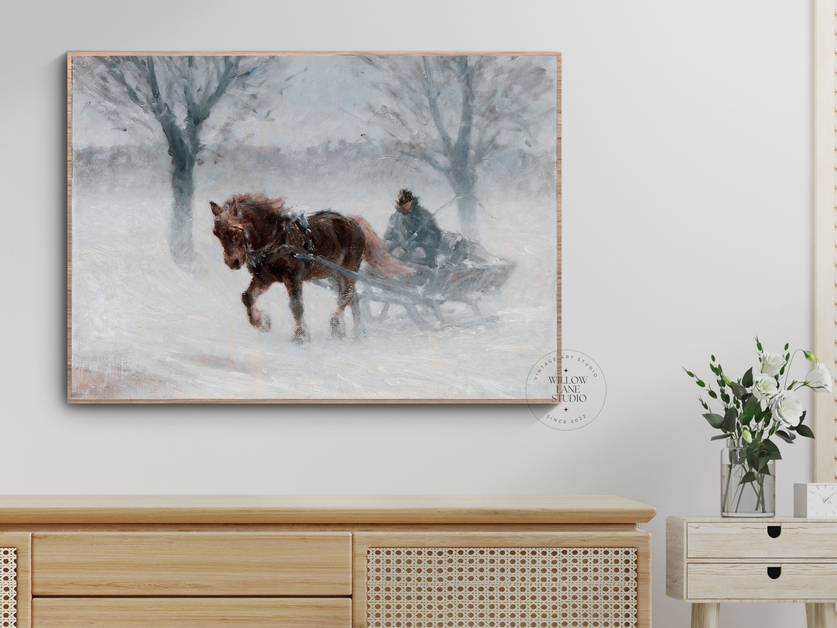 Horse in a Snow Storm Painting Sleigh Ride Painting Vintage Farmhouse ...