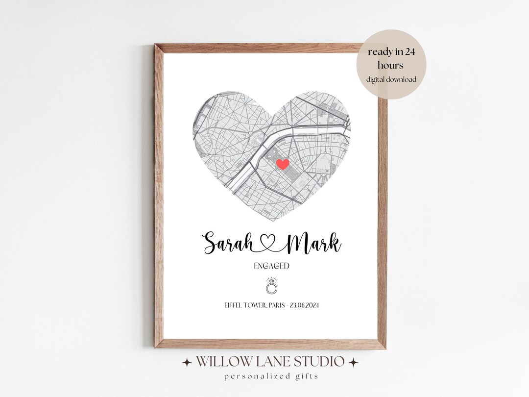 Personalized Engagement Map Print Custom Couples Gift Wedding ...