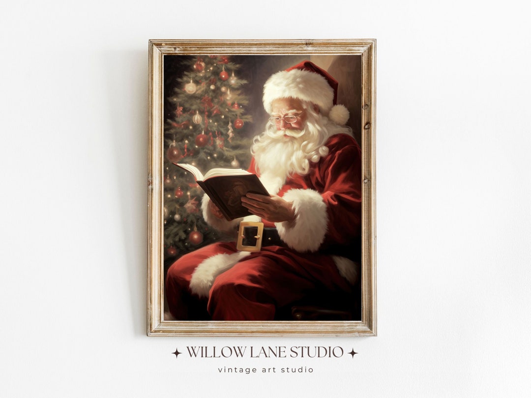 Vintage Santa Reading Christmas Art: Farmhouse Style Printable (digital ...
