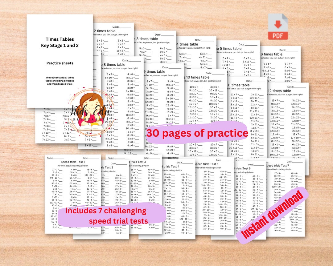 Set of Times Tables Multiplication Practice Tests. Key Stage 1 and 2,30 ...