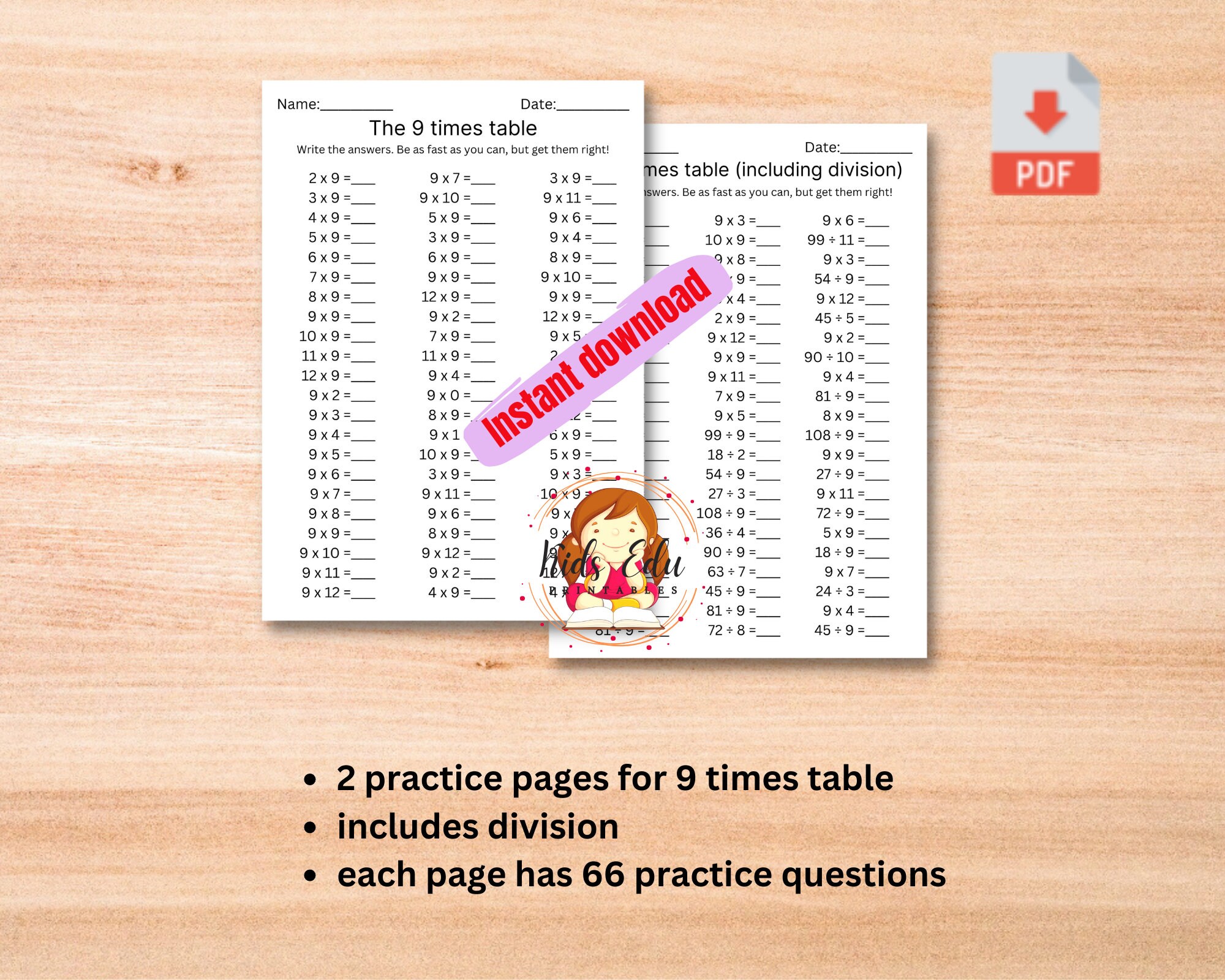 9 Times Table Multiplication Practice Printable Sheets Papers Including ...