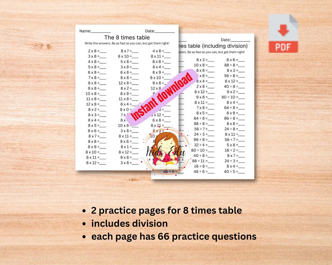 8 Times Table Multiplication Practice Printable Sheets Papers Including ...