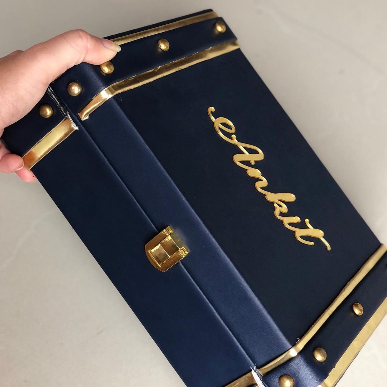 Handmade Trunk Box, Navy Blue MDF Box, Decorative Box, Leatherette ...