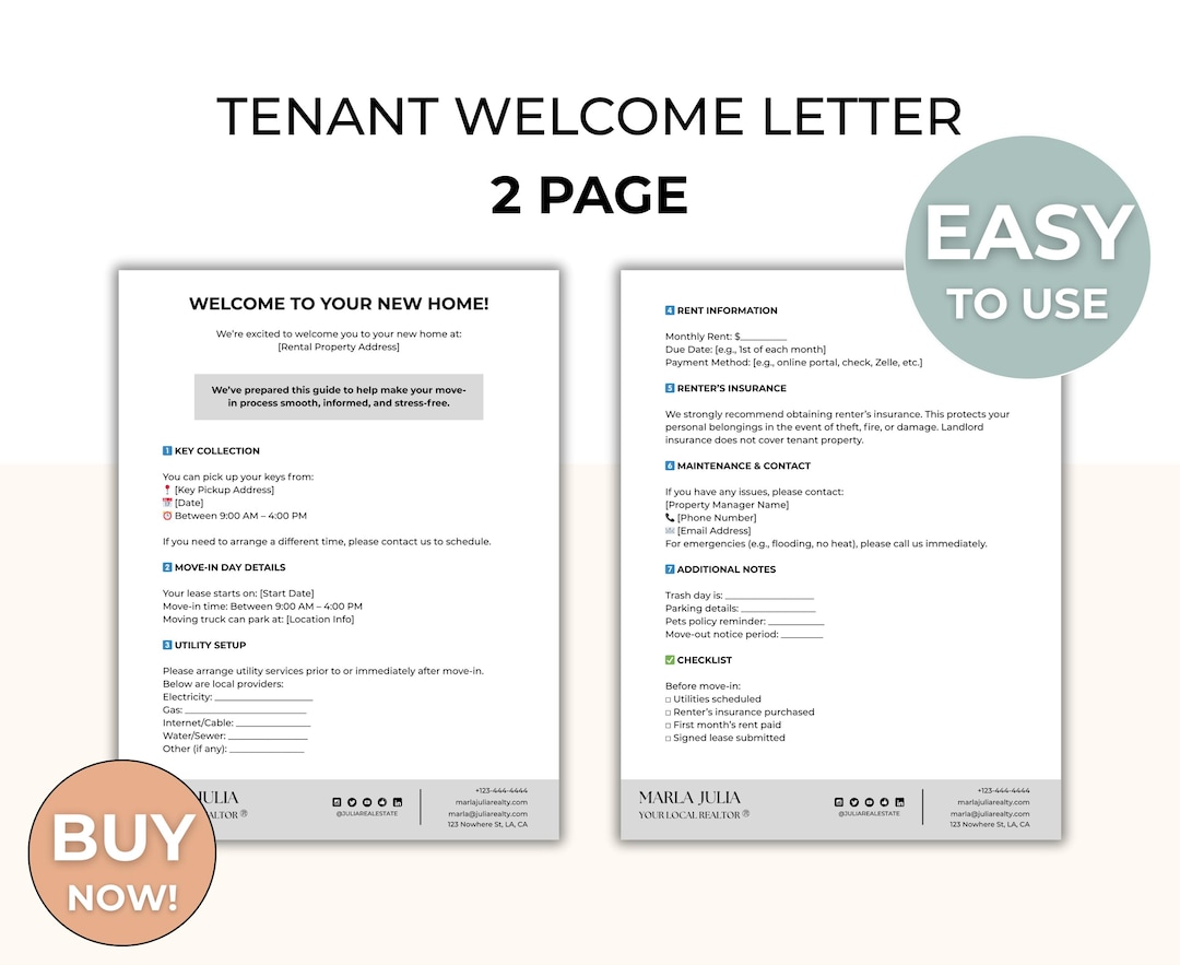 Tenant Welcome Letter Template, Landlord Welcome Packet, New Renter ...