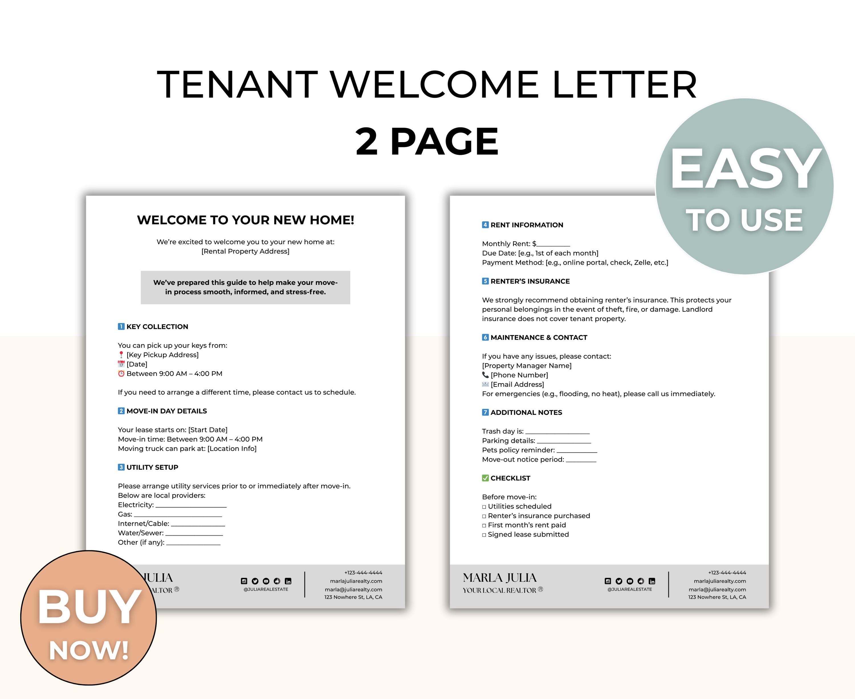 Tenant Welcome Letter Template, Landlord Welcome Packet, New Renter ...