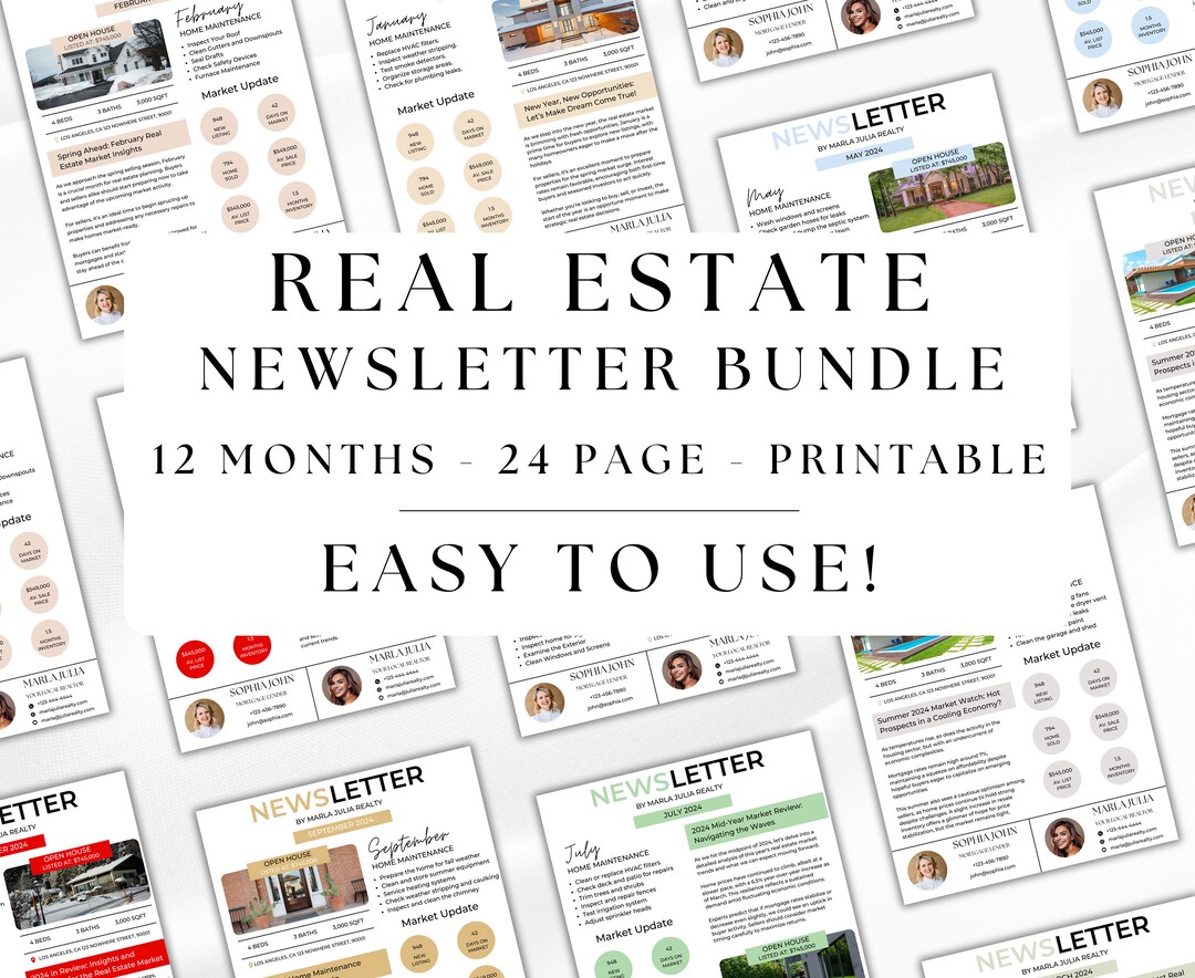 Real Estate Newsletter Templates, 12 Month Full Year Newsletter Bundle ...