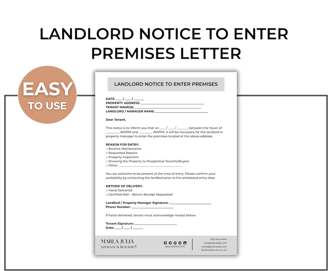 Landlord Notice to Enter Premises Template, Rental Entry Notice Form ...