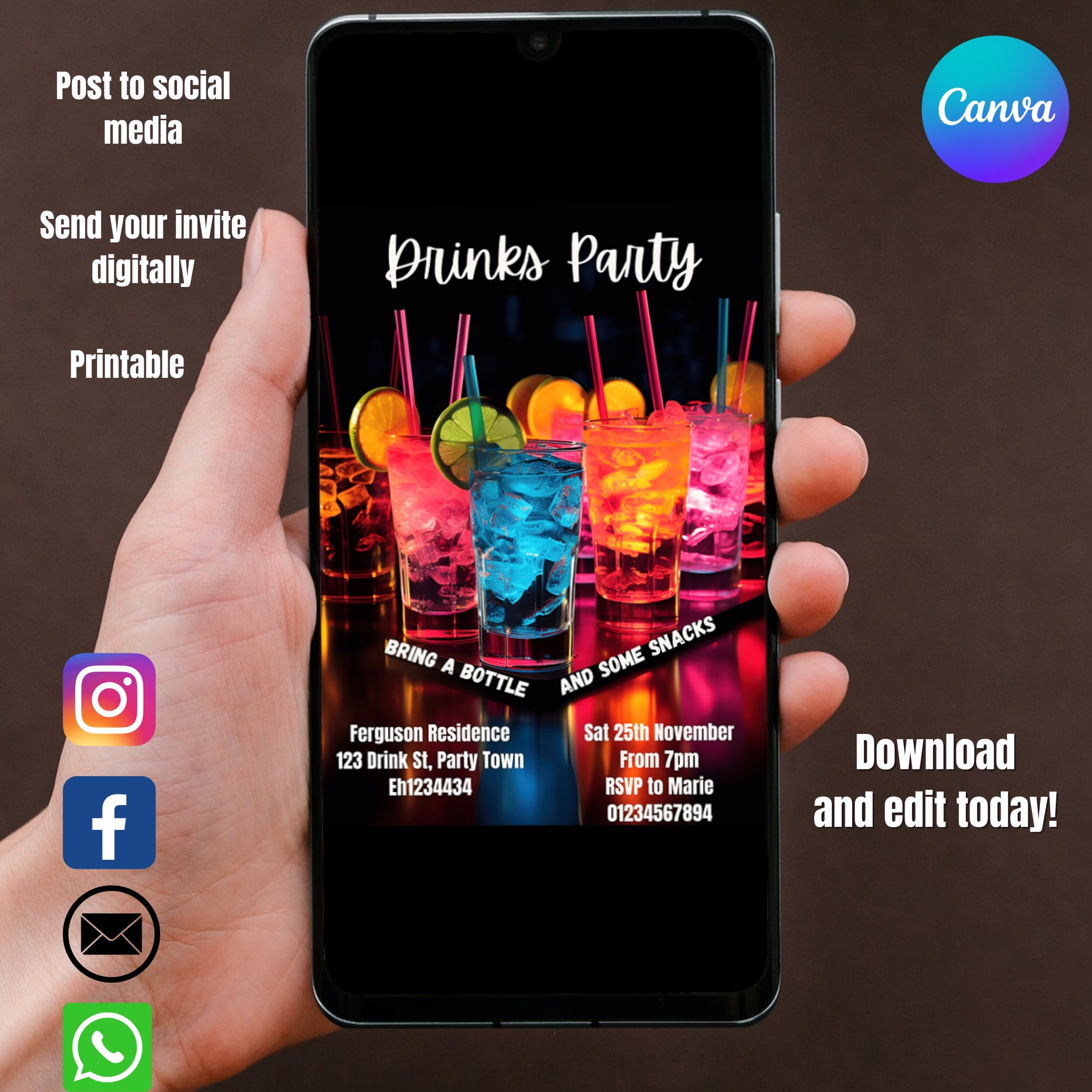 Editable Neon Drinks Party Invitation: Canva Template (digital Download ...