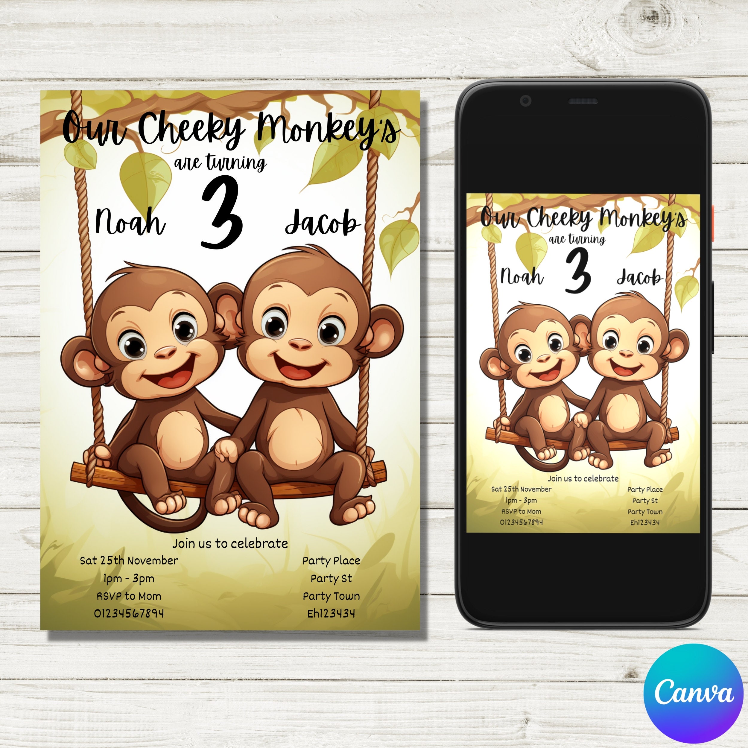 Editable Cheeky Monkeys Joint Birthday Invitation (digital) - Etsy