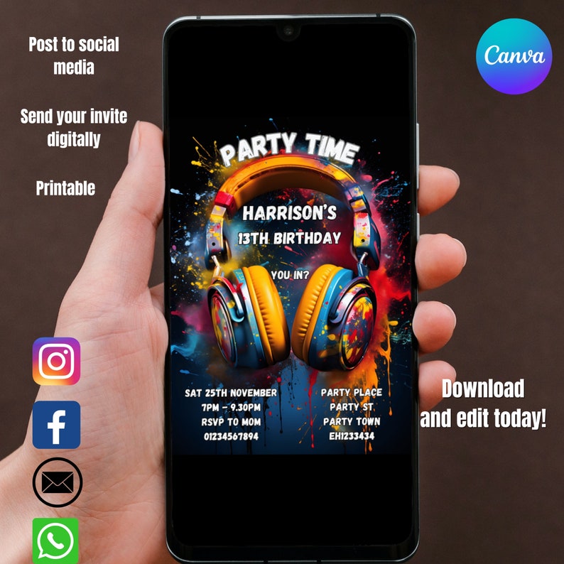 Editable Silent Disco Invitation, Party Invite, Birthday Party ...