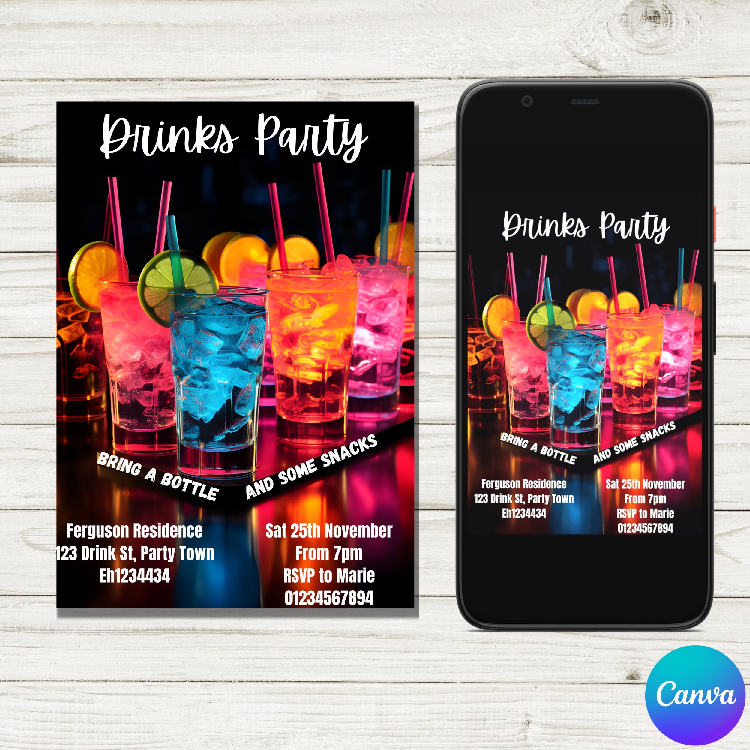 Editable Neon Drinks Party Invitation Drinks Party Invite - Etsy
