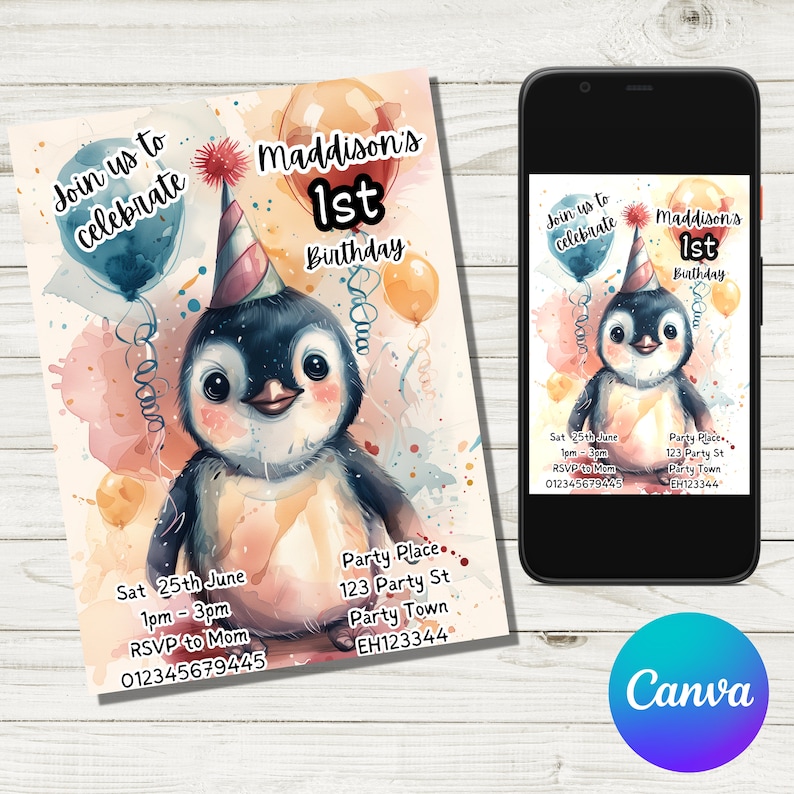 Editable Penguin Birthday Invitation, Cute Birthday Invitation, Animal ...