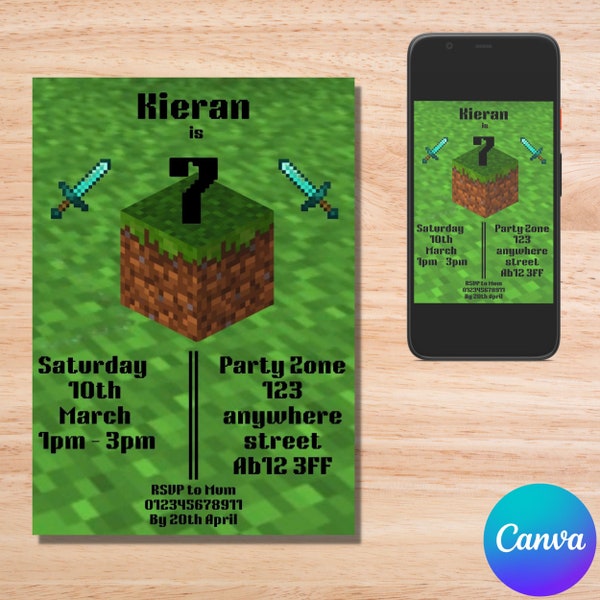 Minecrafter Printable Birthday Invitation Editable - Etsy