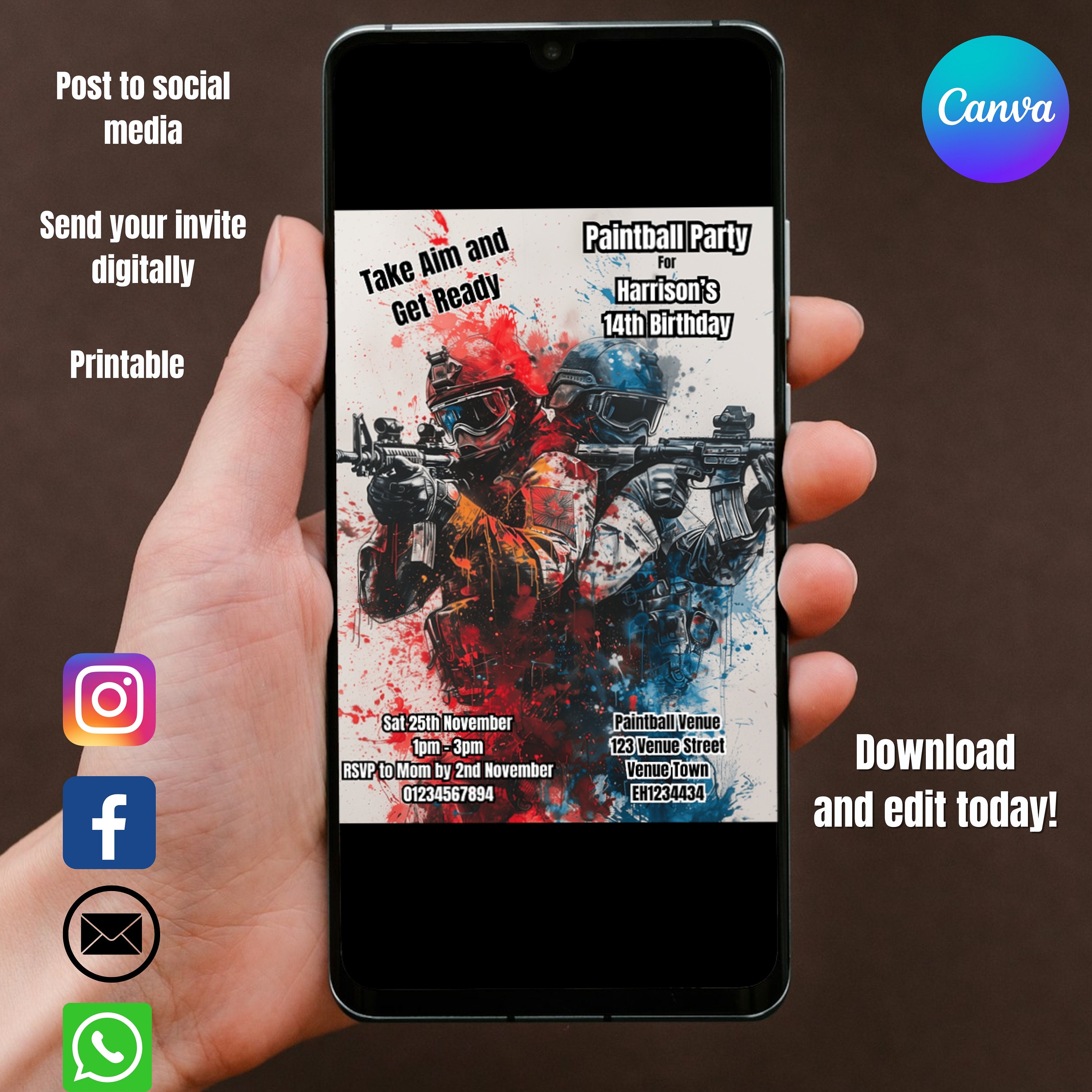 Editable Paintball Invitation, Paintball Birthday Invitation, Paintball ...