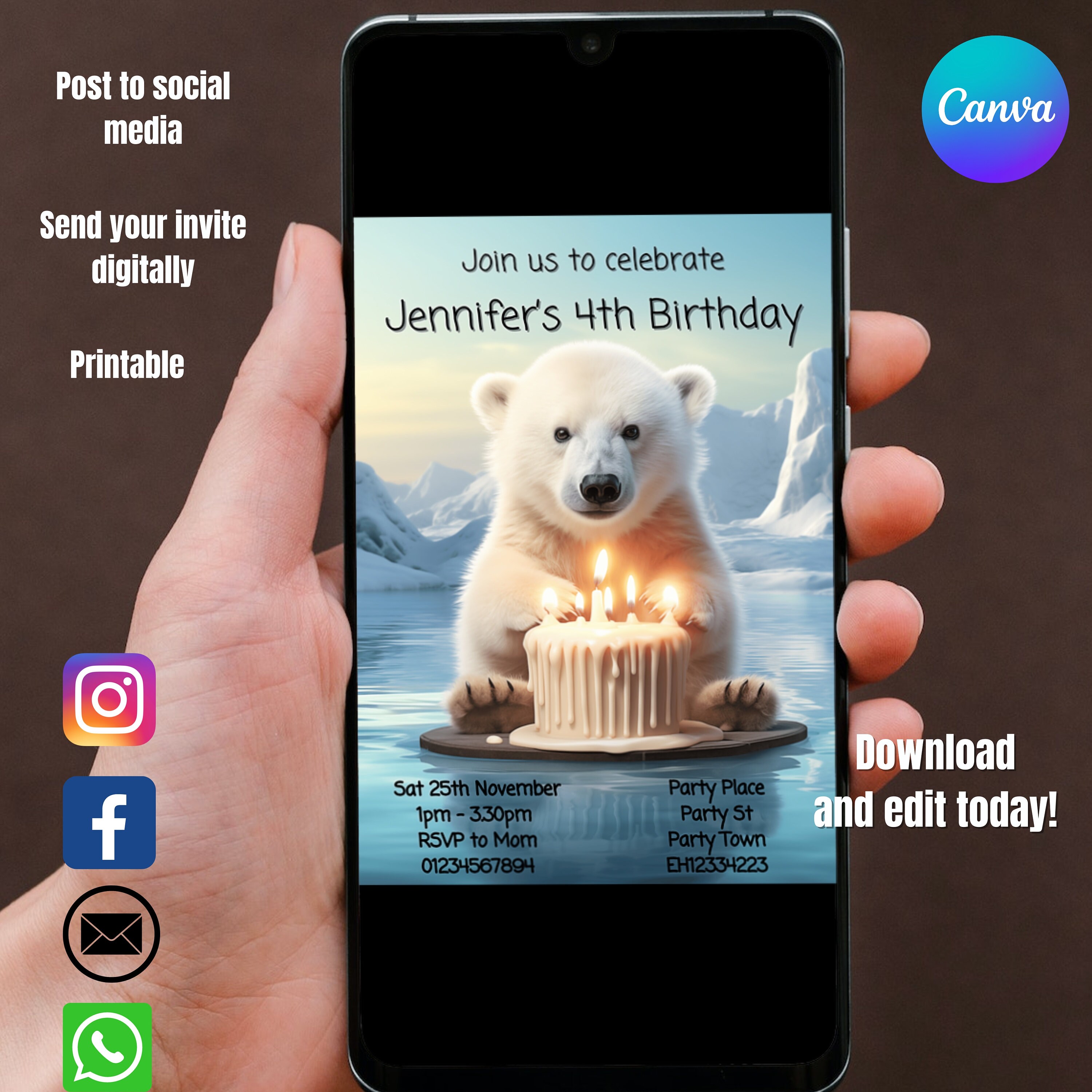 Editable Polar Bear Birthday Invitation, Polar Bear Invite, Winter ...