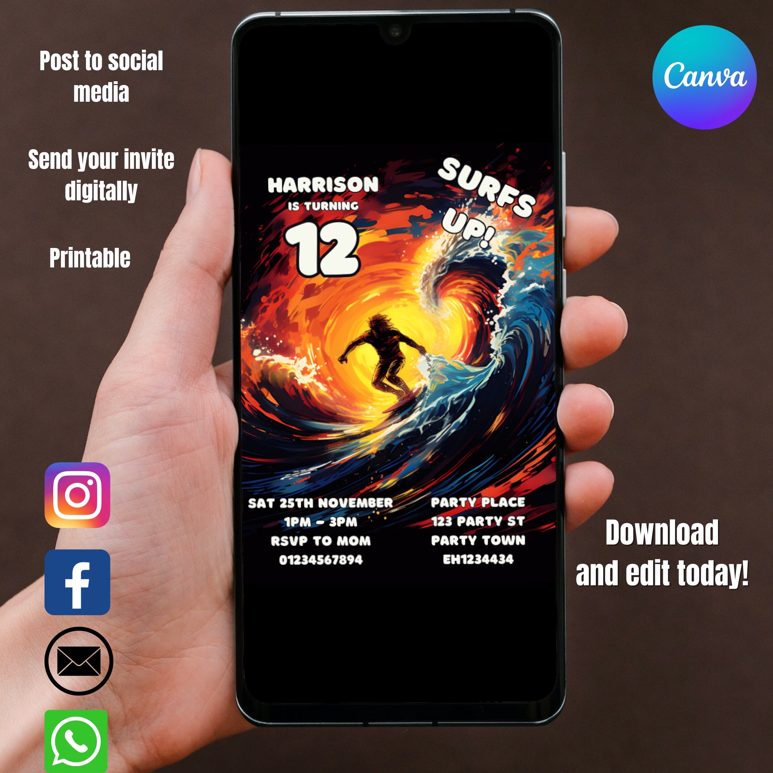 Editable Surfing Birthday Invitation: Surfs up Party (digital Download ...