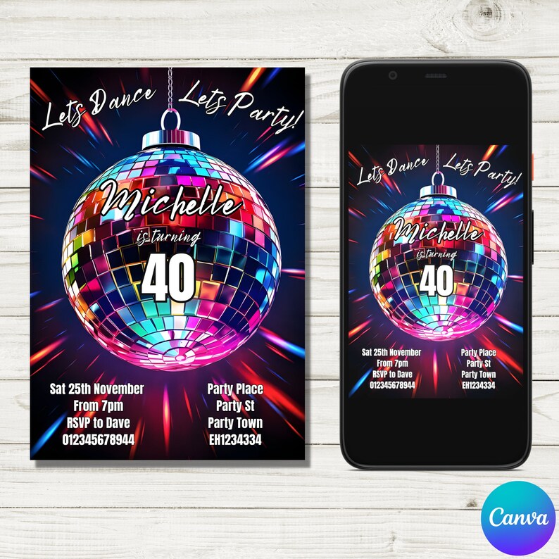 Editable Disco Ball Party Invitation, Disco Birthday Invite, Birthday ...