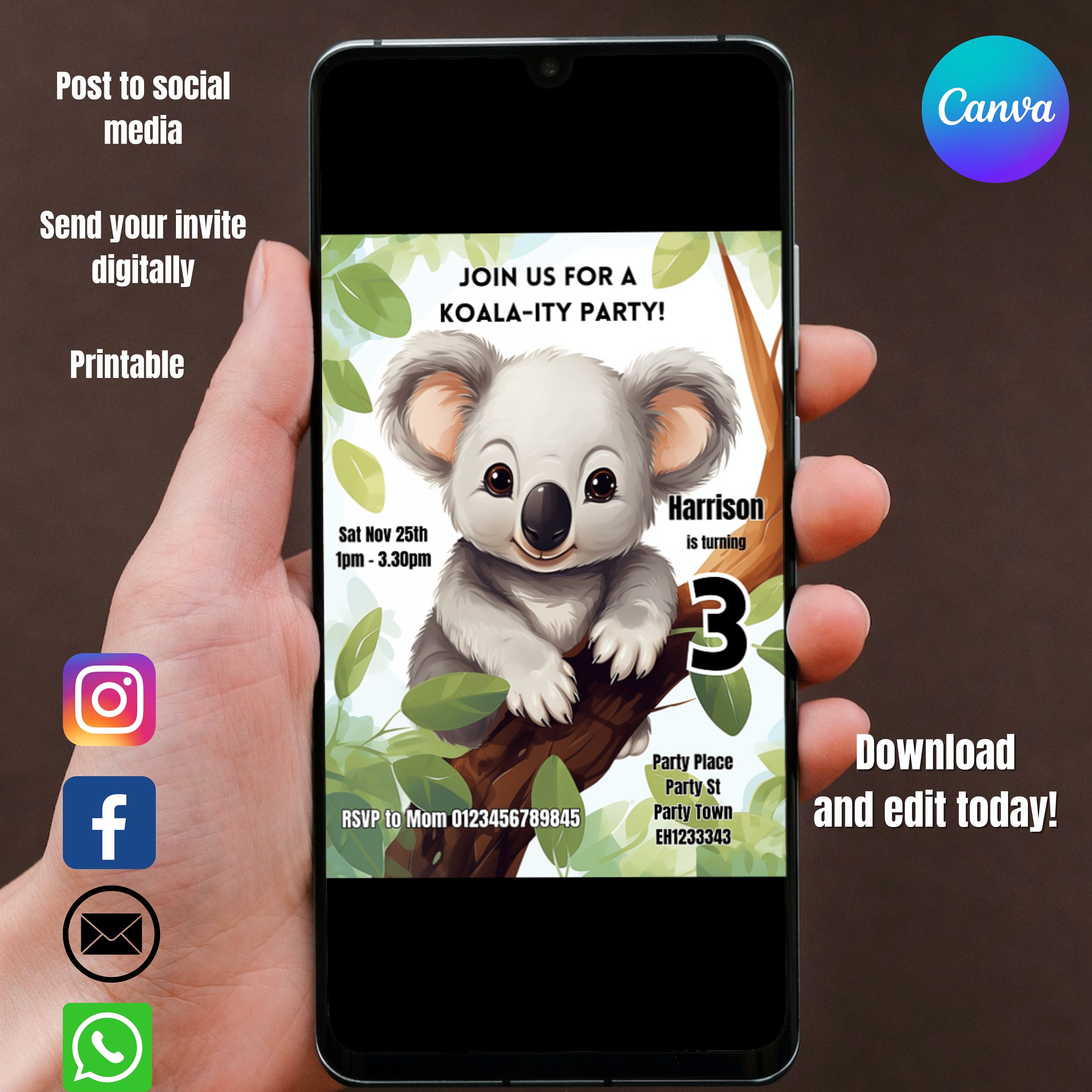 Editable Koala Bear Birthday Invitation Koala Invite Kids - Etsy