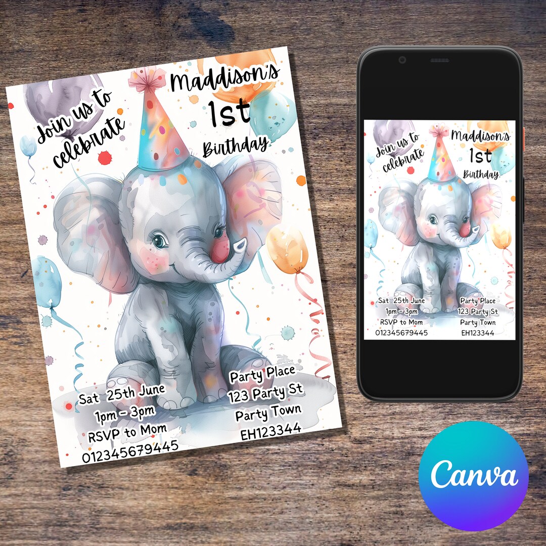 Editable Elephant Birthday Invitation, 1st Birthday Invitation, Kids ...