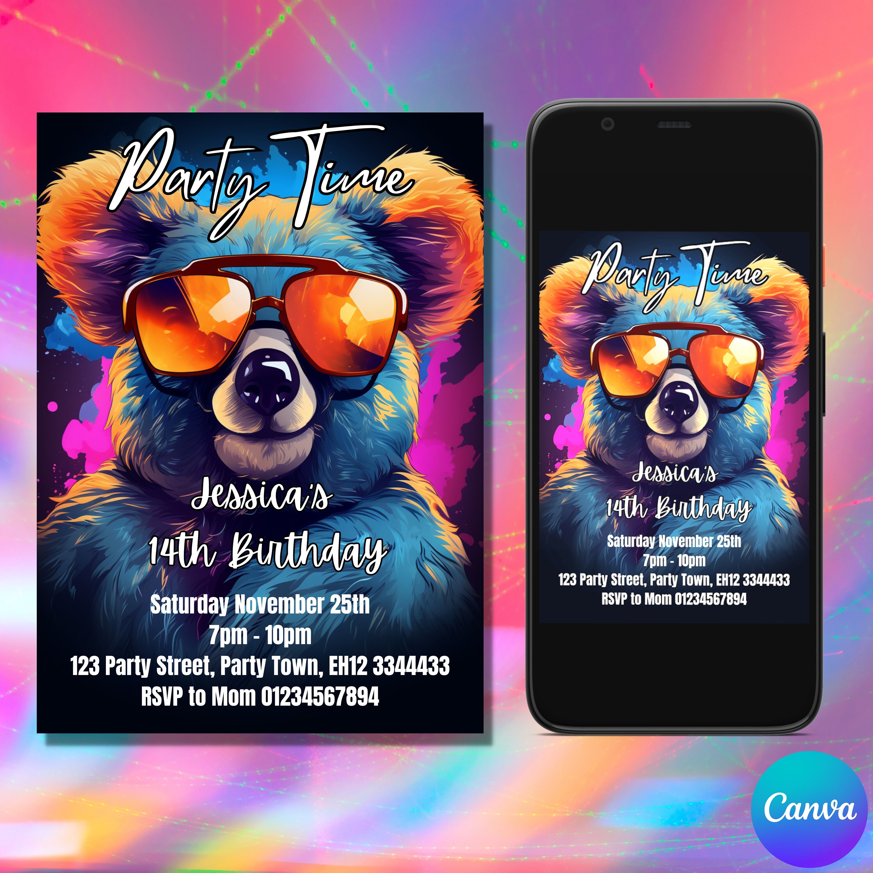 Editable Koala Party Time Invitation, Koala Bear Birthday Invitation ...