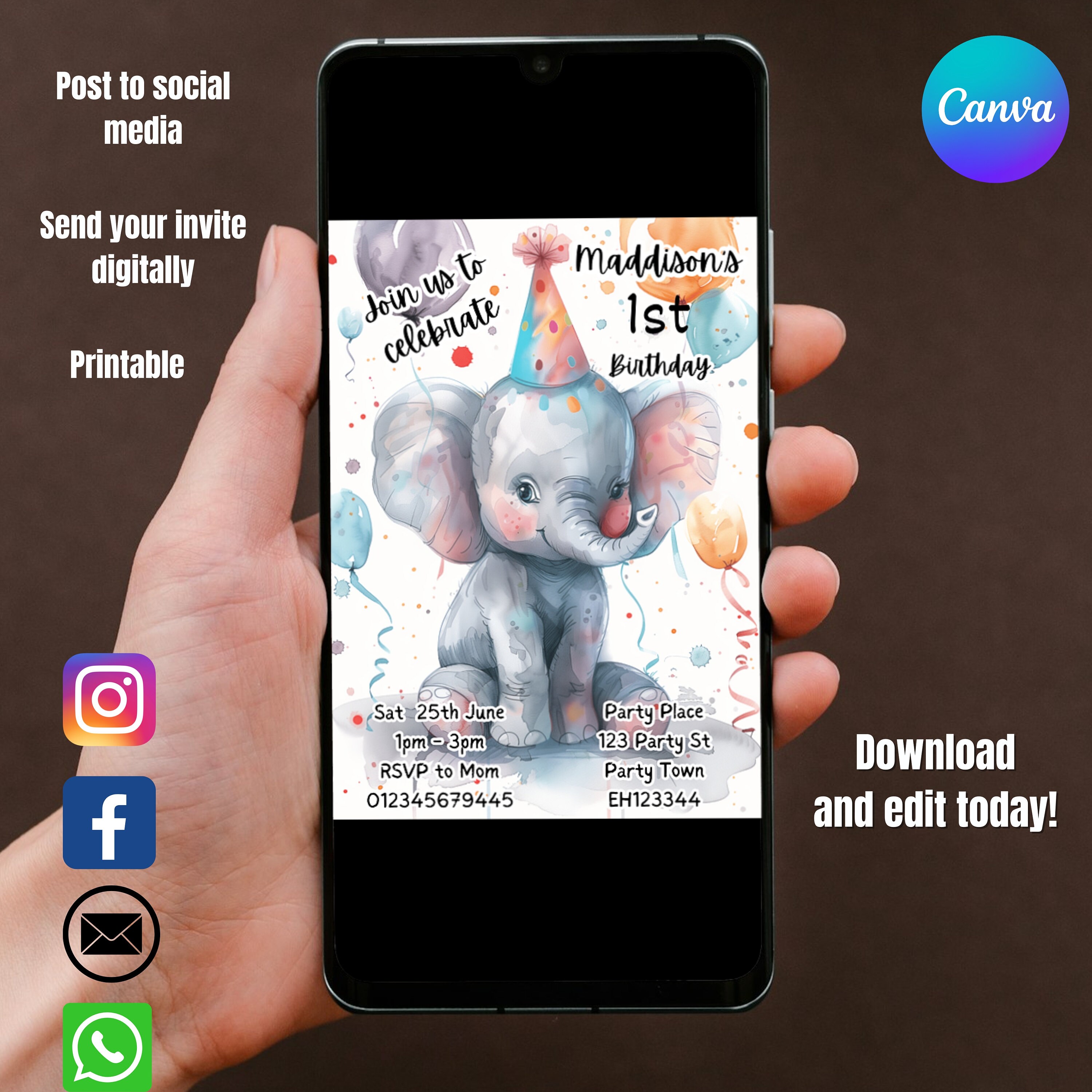 Editable Elephant Birthday Invitation, 1st Birthday Invitation, Kids ...