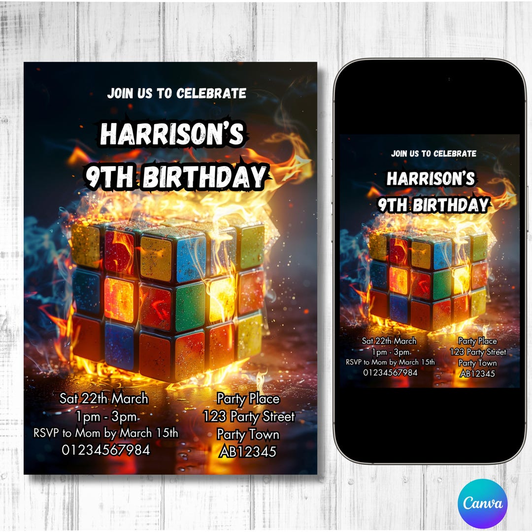 Rubik's Cube Birthday Invitation: Editable Canva Template (digital ...