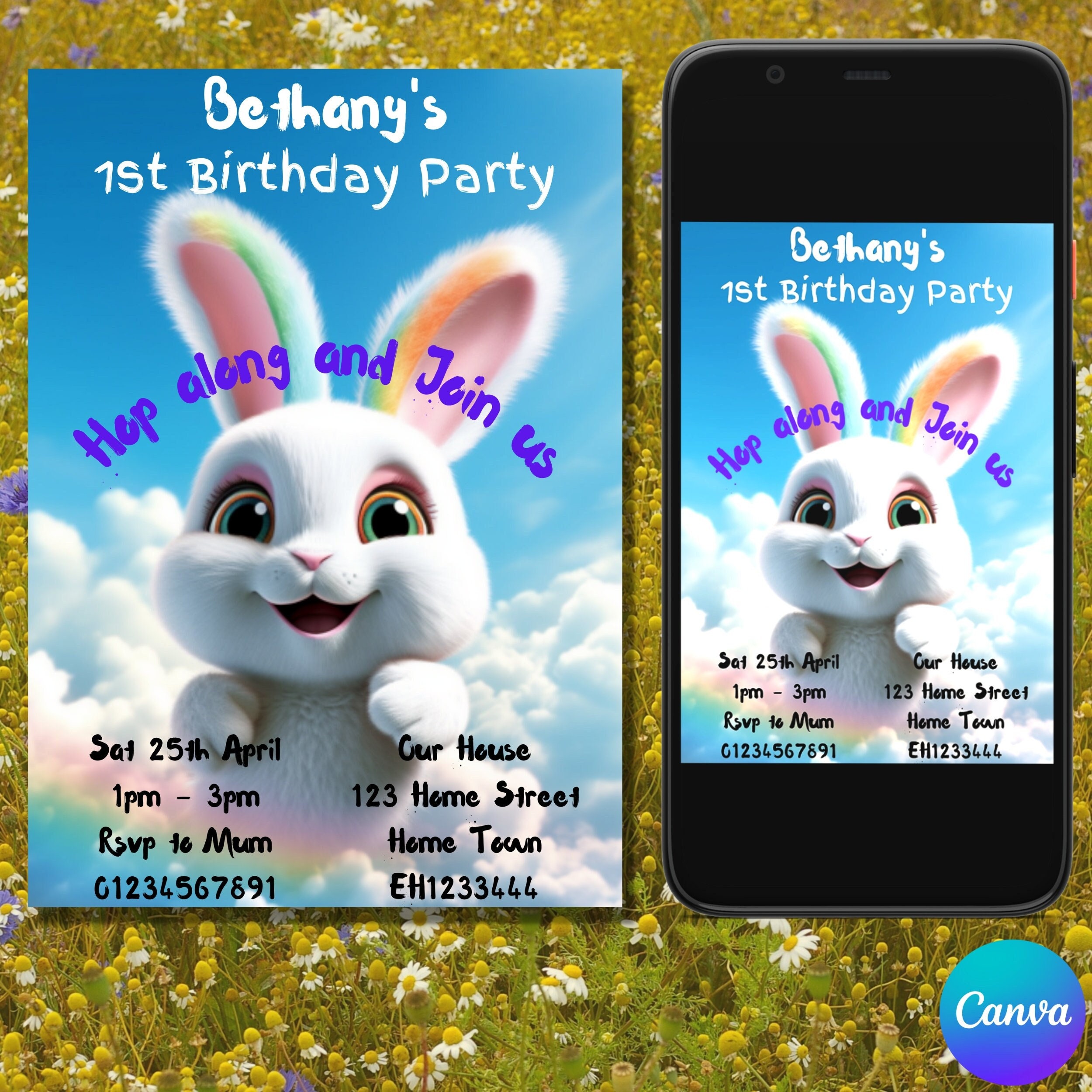 Bunny Invitations/ Bunny 1st Birthday Invitation/ Editable Invitation ...