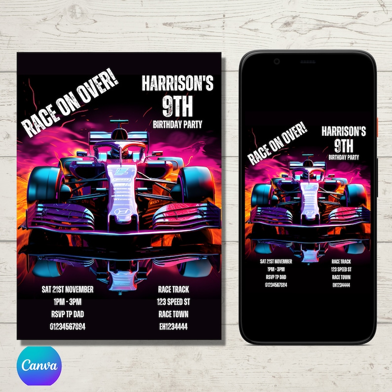 Race Car Invitation, Race Car Birthday Invitation, F1 Birthday, Formula ...