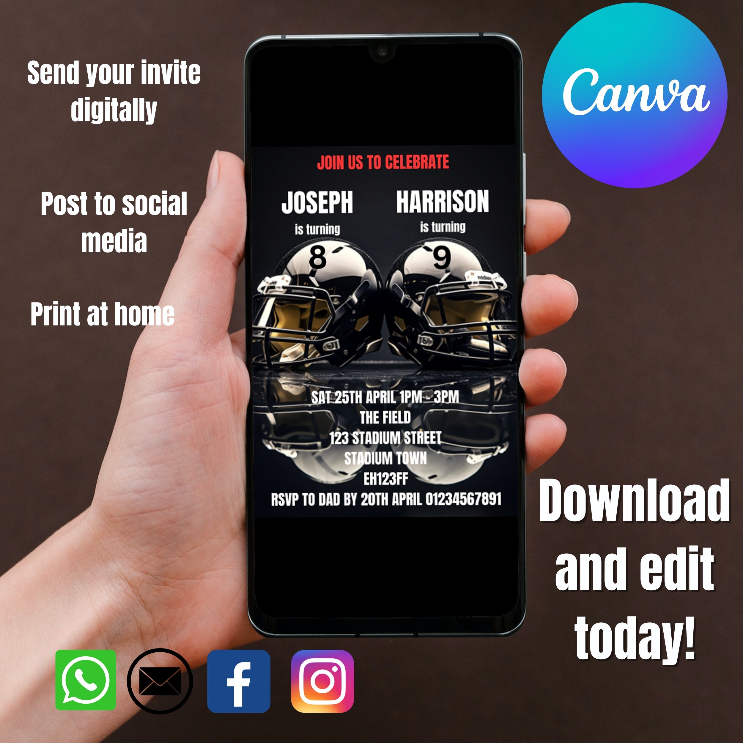 NFL Helmets Birthday Invite, Joint Birthday, Joint Football Party, NFL ...