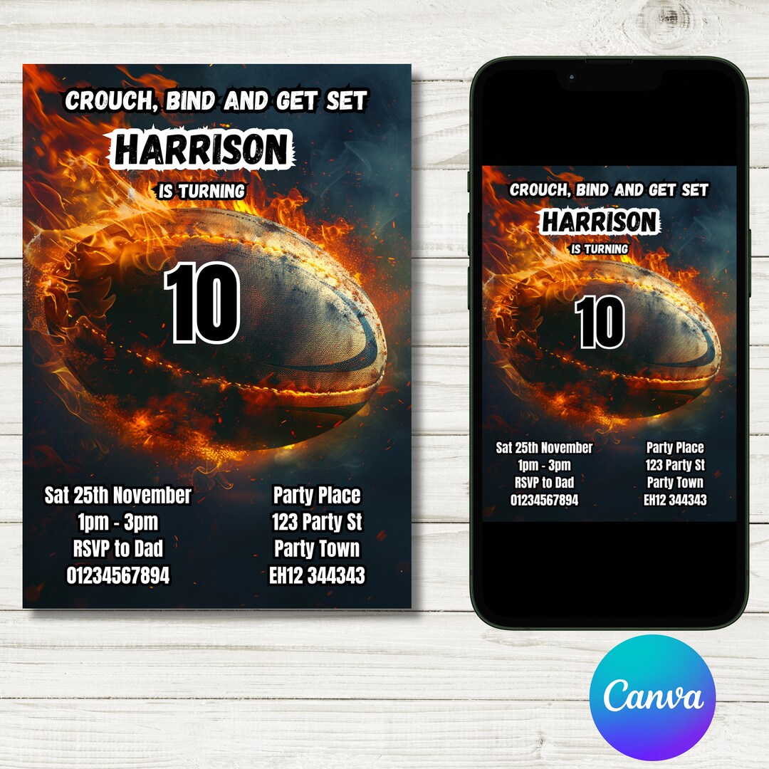 Editable Rugby Birthday Invitation, Rugby Invitation, Rugby Party ...