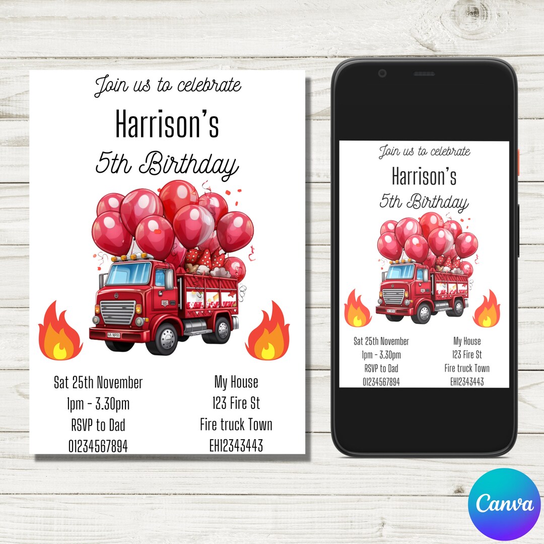 Fire Truck Birthday Invitation Fire Engine Invitation Fire - Etsy