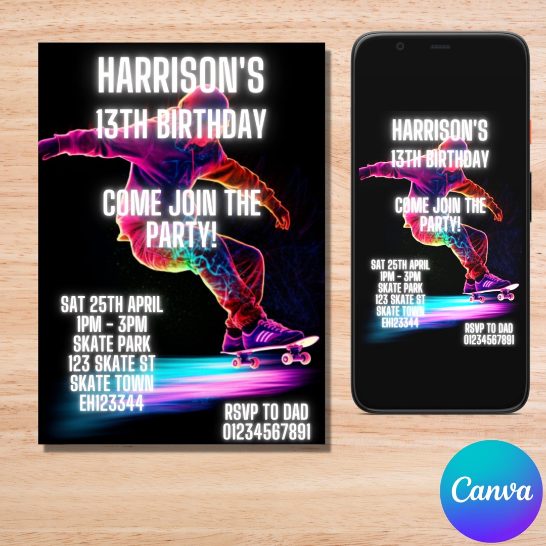 Skater Birthday Invitation: Editable Skateboard Party Invite (digital ...