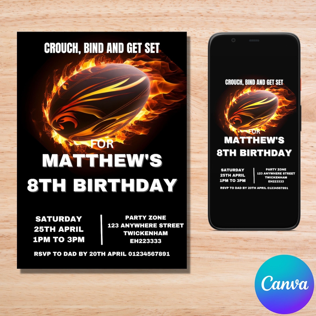 Editable Rugby Birthday Invitation: Canva Template (digital Download ...