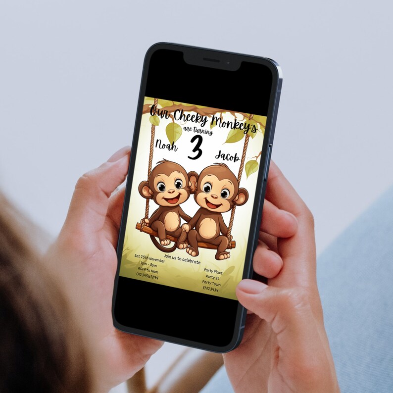 Editable Cheeky Monkeys Joint Birthday Invitation, Twins Birthday, Sibling Birthday, Monkey ...