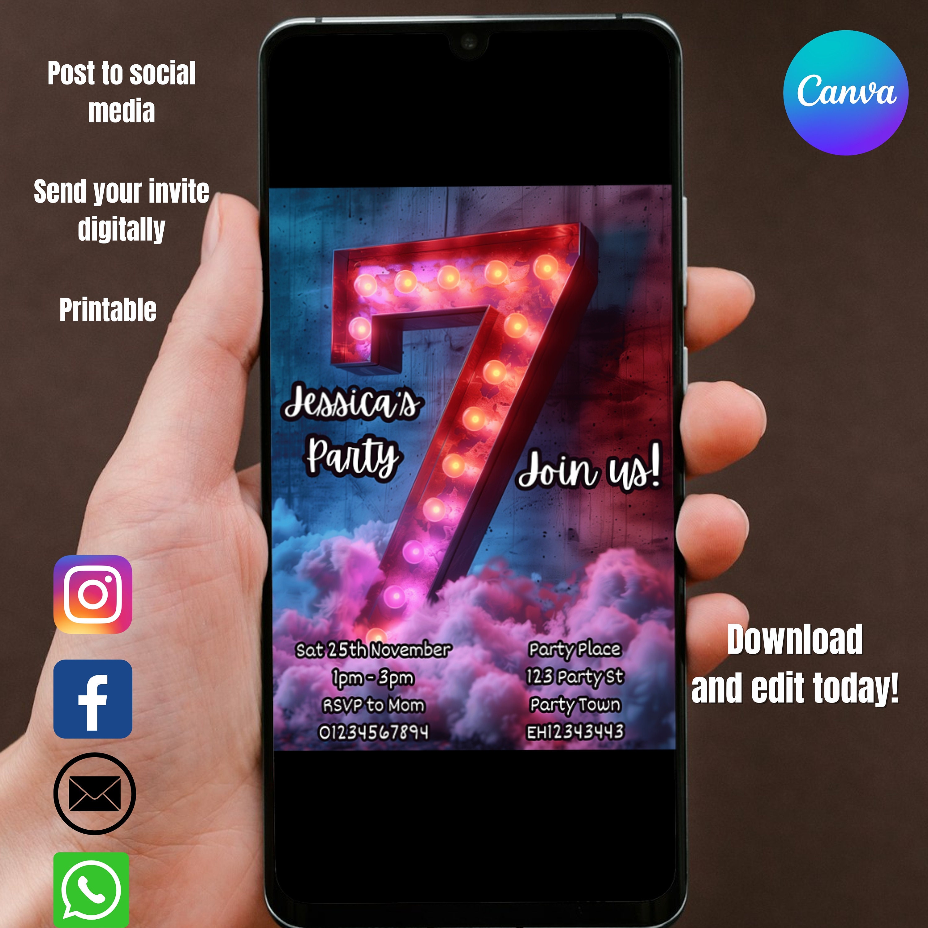 Editable 7th Birthday Invitation, 7th Birthday Party Invite, 7 Year Old ...