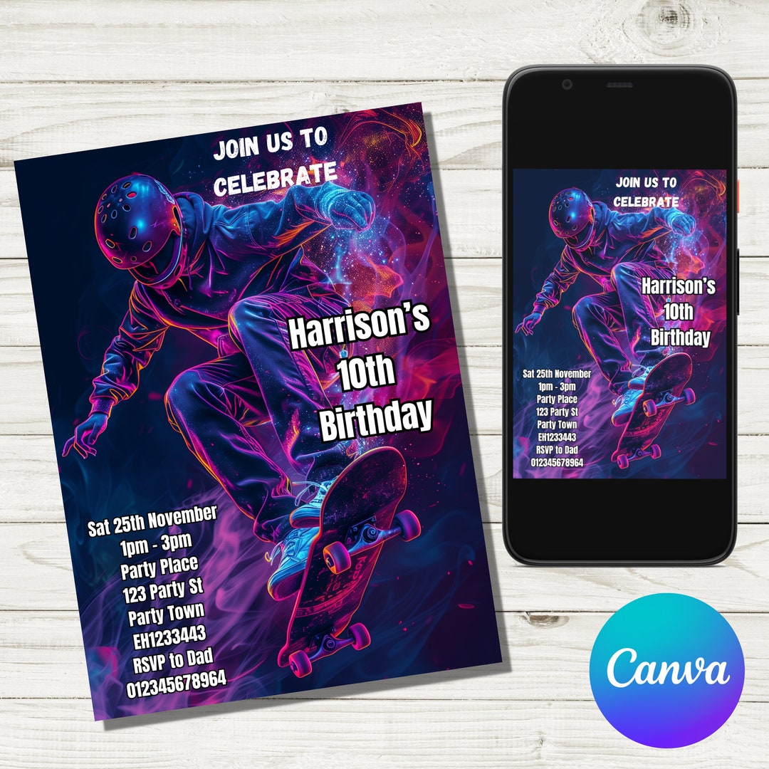 Editable Skateboard Birthday Invitation, Skate Park Invite, Skateboard ...