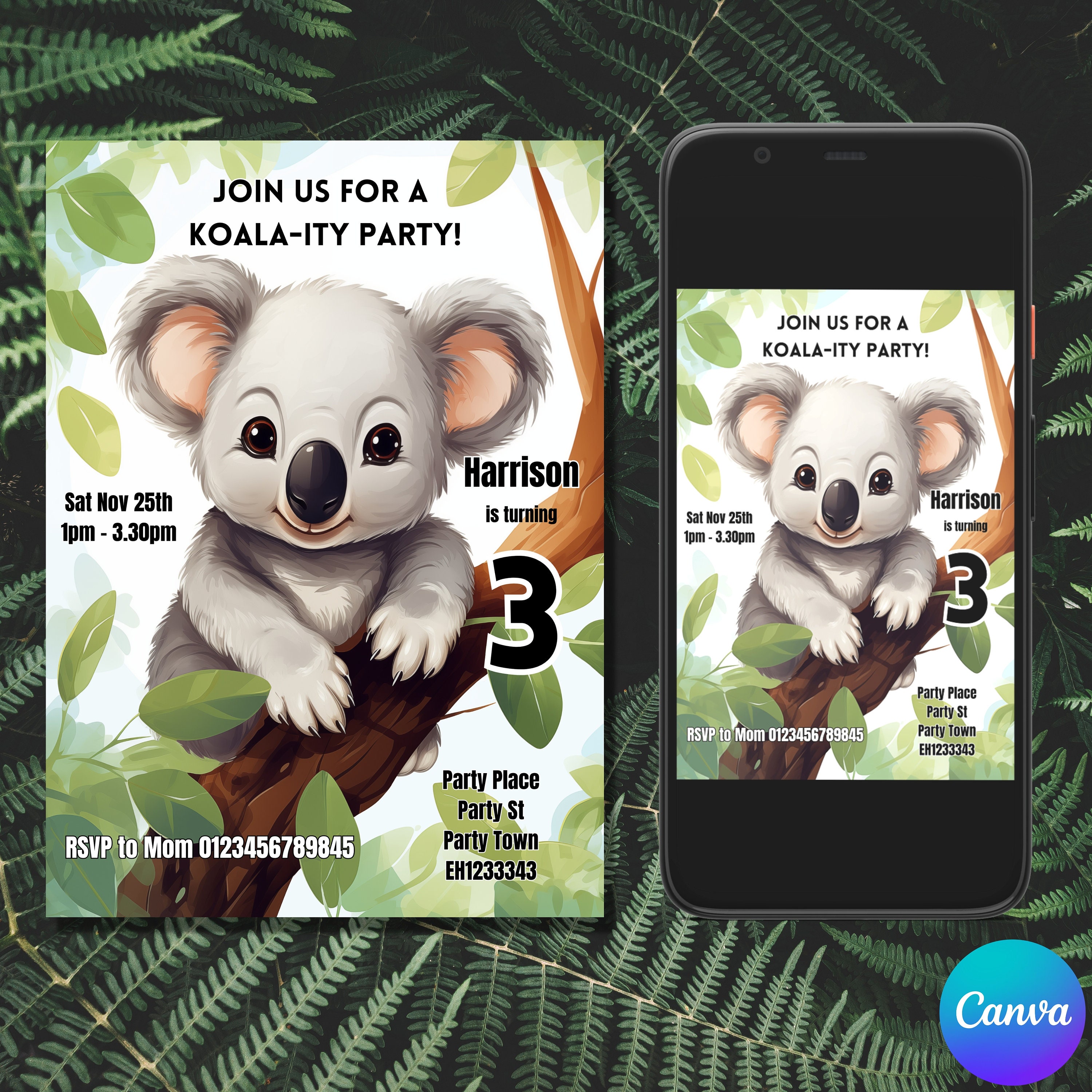 Editable Koala Bear Birthday Invitation Koala Invite Kids - Etsy