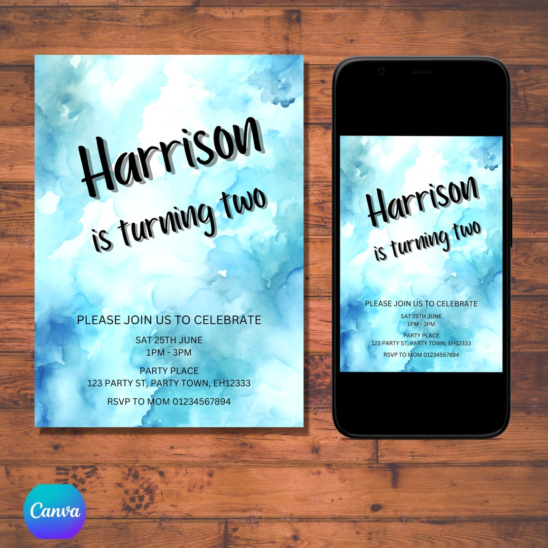 Editable Blue Watercolor Birthday Invitation, Boys Birthday Invitation ...