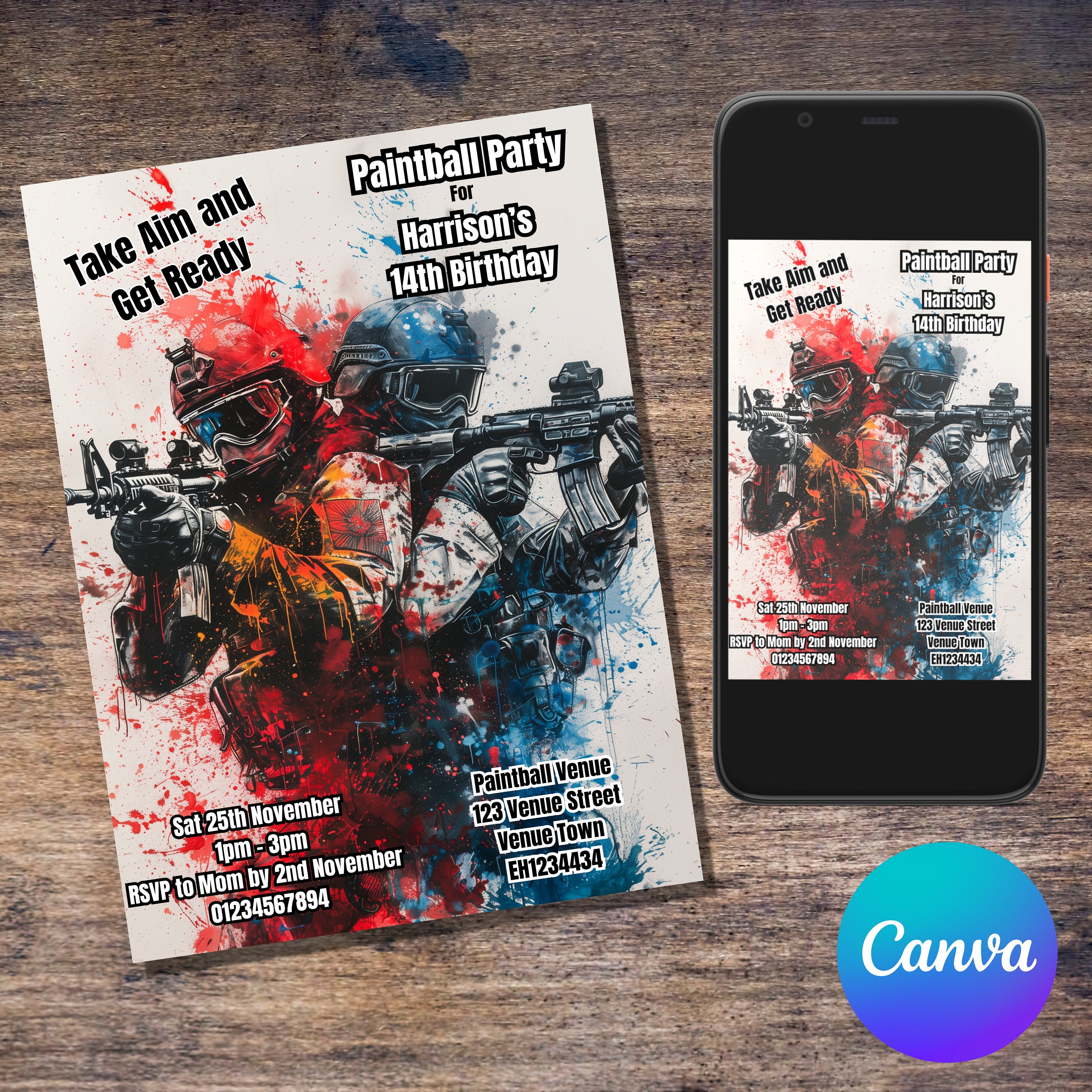 Editable Paintball Invitation, Paintball Birthday Invitation, Paintball ...