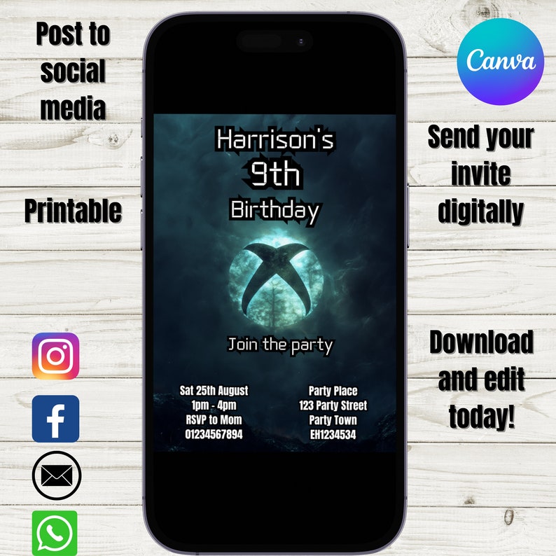 Editable Xbox Invitation, Gaming Birthday Invite, Xbox Gaming ...