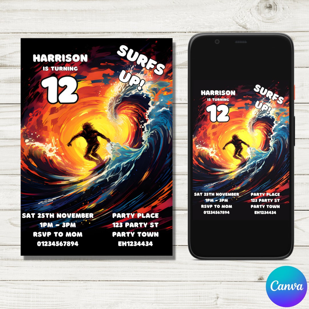 Editable Surfing Birthday Invitation, Surfing Invitation, Surfing ...